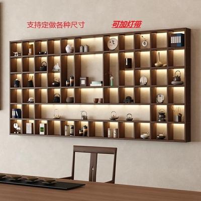 定制实木生态板格子墙上置物茶杯茶壶展示货架创意LED灯带多宝阁