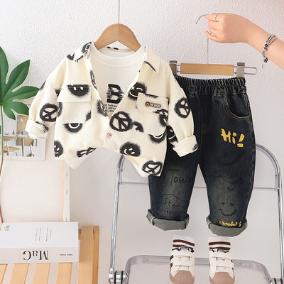 2025新款童装男童秋装满印外套衣服休闲长裤儿童宝宝三件套装
