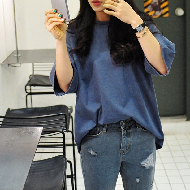 k1007韩国女装新款2026厚棉宽松简约欧美短袖套头落肩夏女t恤打底