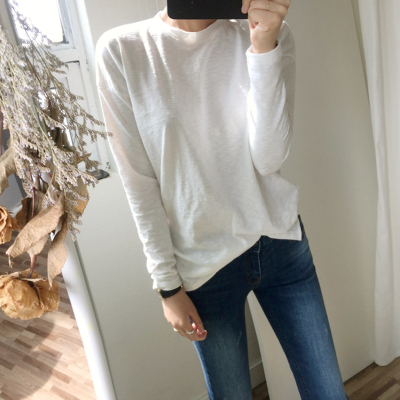 T188韩国女新品2026竹节棉宽松开叉圆领套头秋冬女长袖T恤打底衫