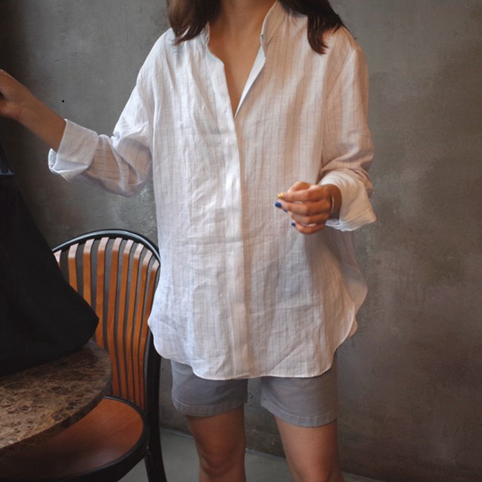 韩国女装素色条纹简约亚麻宽松长袖春秋夏女衬衫防晒凉爽通勤C09
