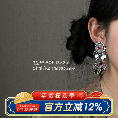 中式复古雕刻镶钻流苏耳环