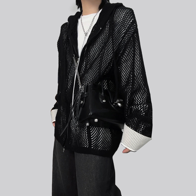 PURPOSEFUL.黑色连帽针织衫镂空设计感开衫外套