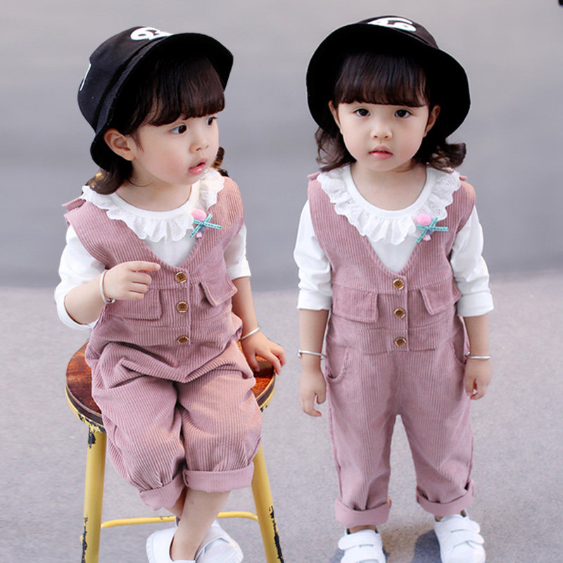 女宝宝秋装套装1一3岁洋气女童2021新款女童婴儿条绒背带裤两件套_虎窝淘