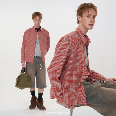 riverstone复古格纹短款毛边衬衫