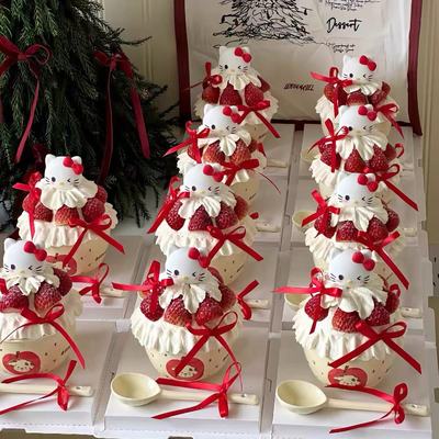 网红圣诞节新年跨年草莓碗蝴蝶结猫咪蛋糕装饰摆件苹果小狗陶瓷碗