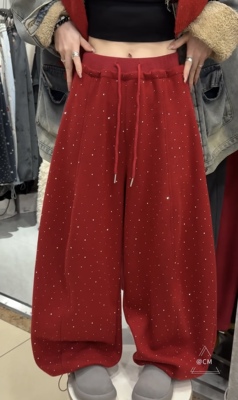 2025冬韩版宽松显瘦休闲裤女带钻直筒阔腿弯刀加绒加厚爵士裤子