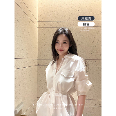 三喜threec 《我的名字》60天丝40棉/绑带蕾丝衬衫女宽松设计上衣