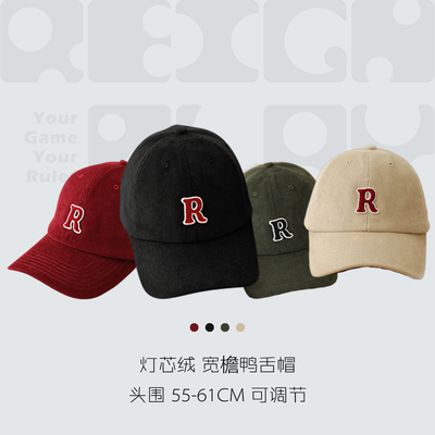REIGNPLAY字母灯芯绒棒球帽男女情侣百搭显脸小鸭舌帽大头围