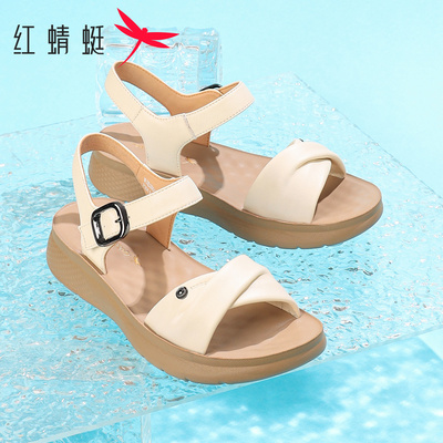 红蜻蜓女鞋夏季新款皮凉鞋女妈妈凉鞋软底防滑中老年凉鞋