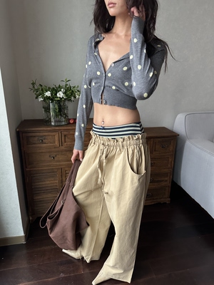 清仓 还原 WEEEECHAN  莱赛尔加棉双腰头条纹拼接阔腿工装裤