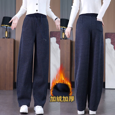 高腰加绒加厚经典格子弯刀裤女2025冬季新款百搭小个子直筒休闲裤