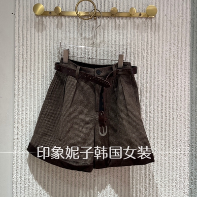 欧洲站复古格纹阔腿五分短裤女