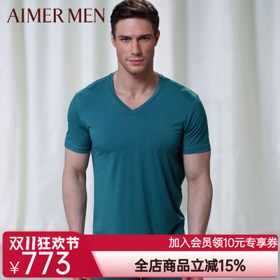 爱慕先生品牌红品莫代尔薄款柔软V领男士短袖T恤上衣12354