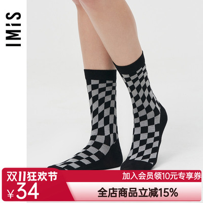 爱美丽IMIS商场女袜棋盘格印花棉感舒适不掉筒中筒袜IM94BIR1