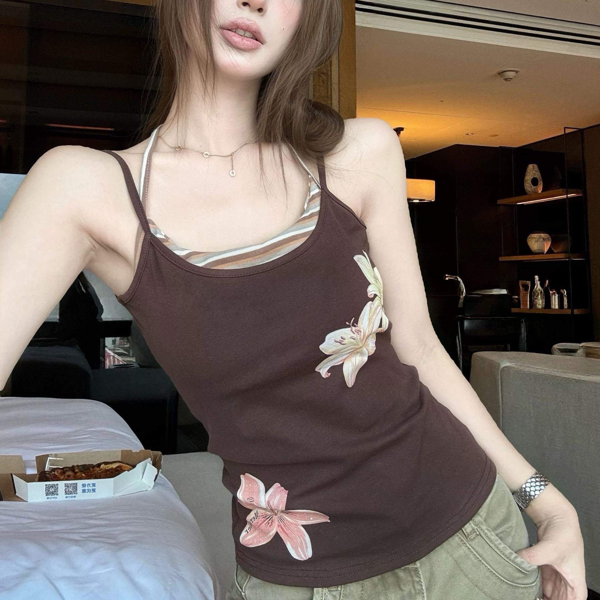 多巴胺花朵印花带胸垫挂脖绝美小吊带背心女夏季撞色拼接上衣