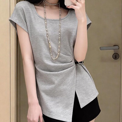 高级感灰色短袖T恤女2026夏季显瘦收腰设计感不规则开叉褶皱上衣