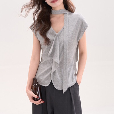 极简风飘带设计感好看短袖上衣2026夏季荷叶边亲肤百搭t恤小衫女