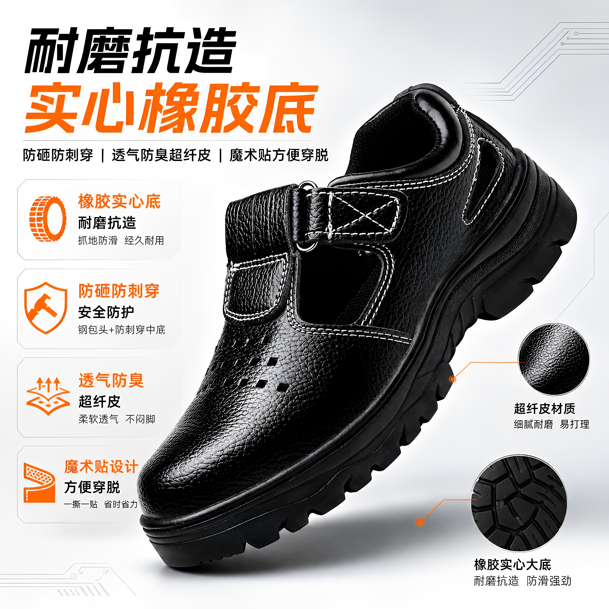 夏季透气防臭软底凉鞋皮鞋防砸干活劳保鞋橡胶底耐磨轻便工作男鞋