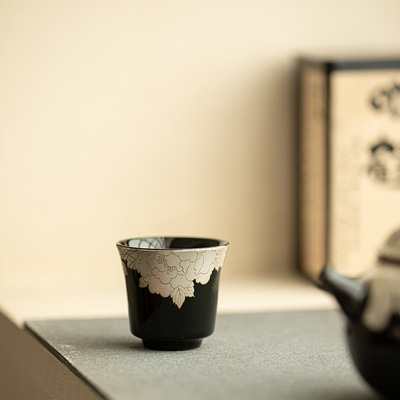 纯手工银上作画黑釉牡丹茶杯主人杯客杯陶瓷茶具精致品茗杯功夫茶