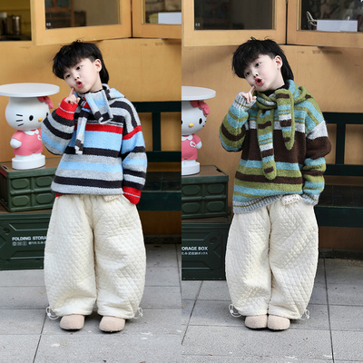 Jimmy妈童装【彩条配色】秋冬新款儿童彩色条纹针织帽子围巾毛衣