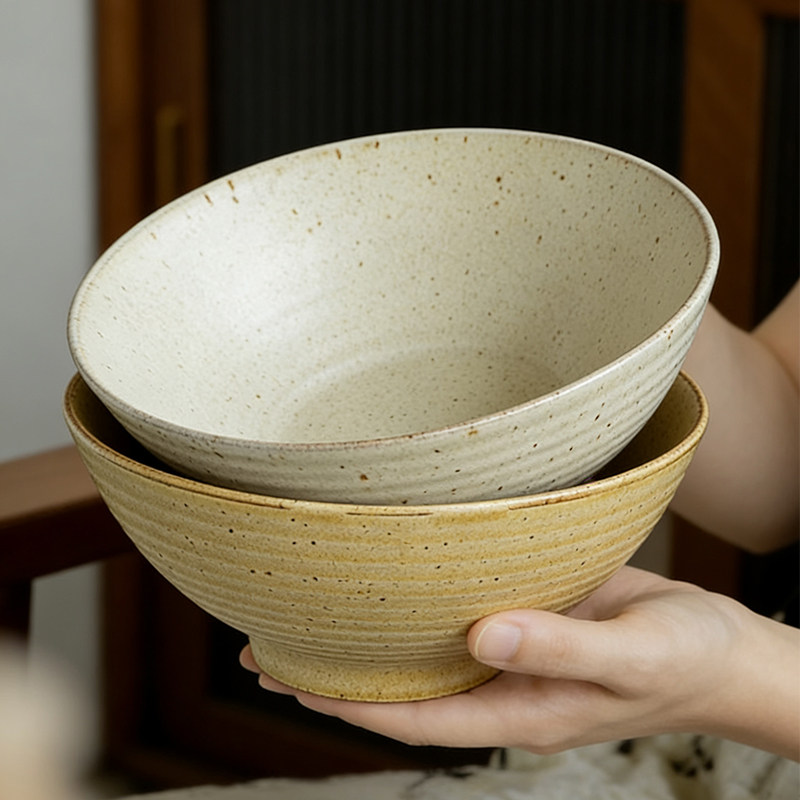 日式粗陶7.5英寸〖古朴做旧拉面碗〗螺纹高脚碗菜碗陶瓷汤碗微瑕