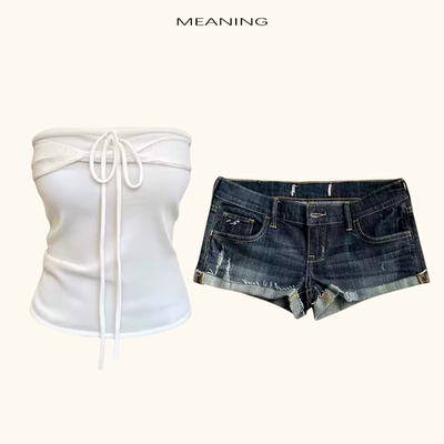 miu系白色系带针织扭结抹胸吊带背心新款休闲牛仔短裤时尚套装