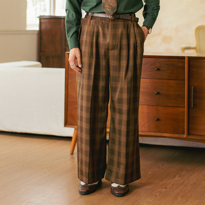 SOARIN意式老钱风大格子休闲裤男 英伦痞帅直筒宽松阔腿休闲西裤