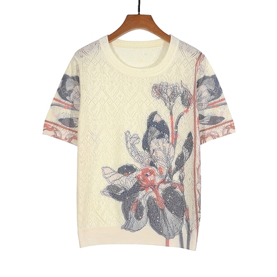 新款夏上衣短袖天丝亚麻针织衫女