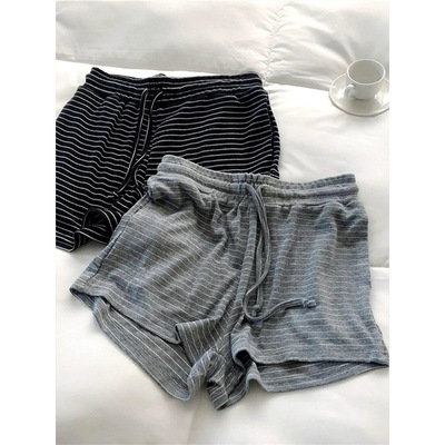 韩版高腰条纹大码睡裤女短裤夏季新款可外穿宽松居家库阔腿休闲裤