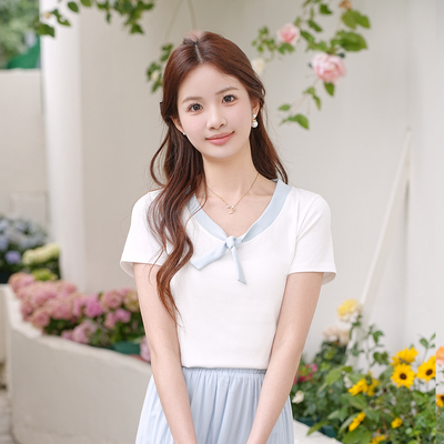 ATAR韩系蝴蝶结V领短袖T恤女