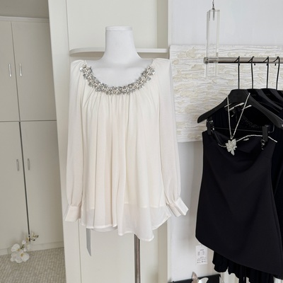 【娇贵富美】重工珍珠亮片抽褶露背雪纺衬衫系带纯欲上衣