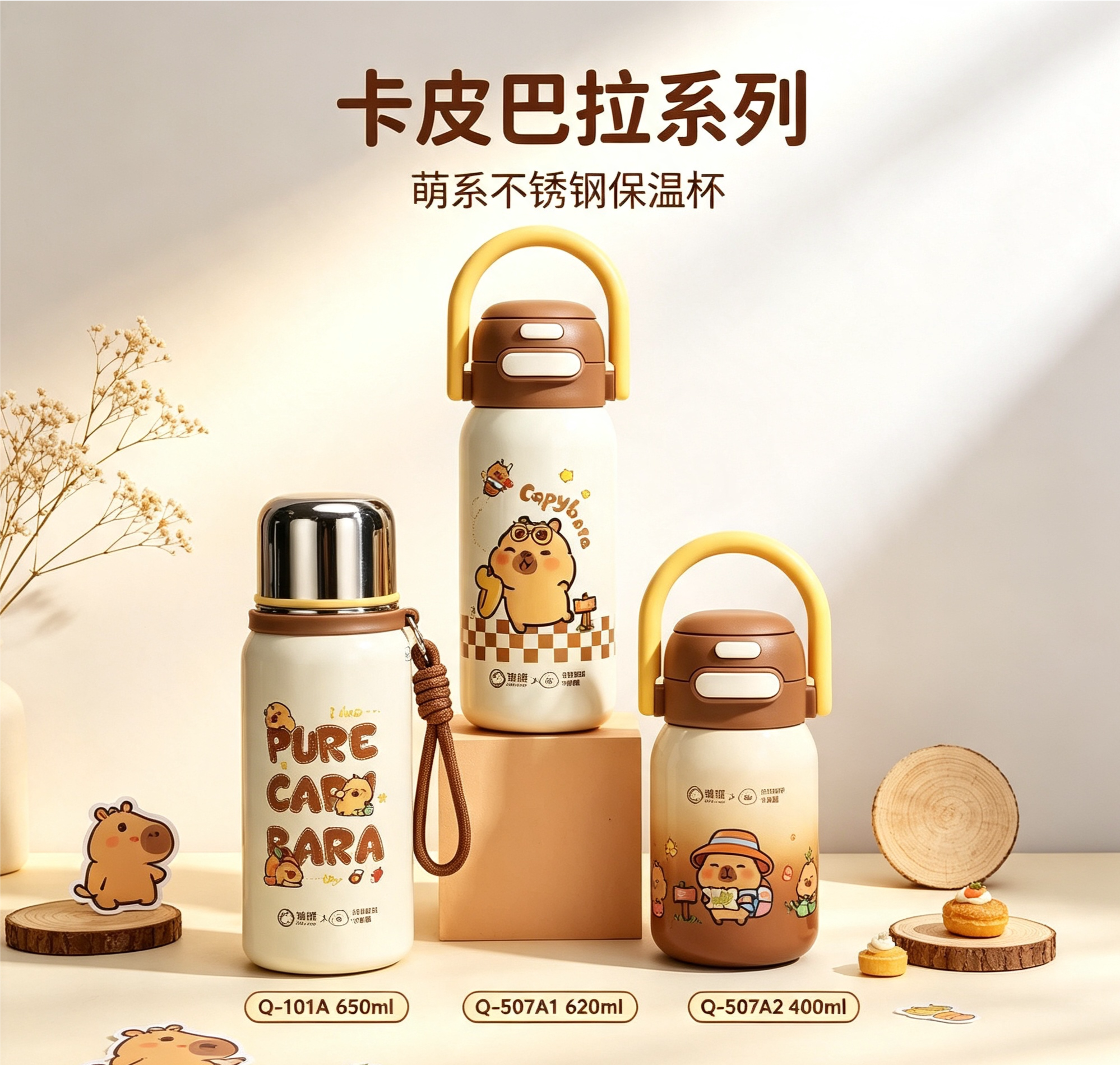 琪辉卡皮巴拉保温杯不锈钢儿童316吸管水杯家用学生便携大容量