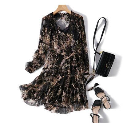 长袖真丝连衣裙桑蚕丝黑色数码印花法式两件套连衣裙28063