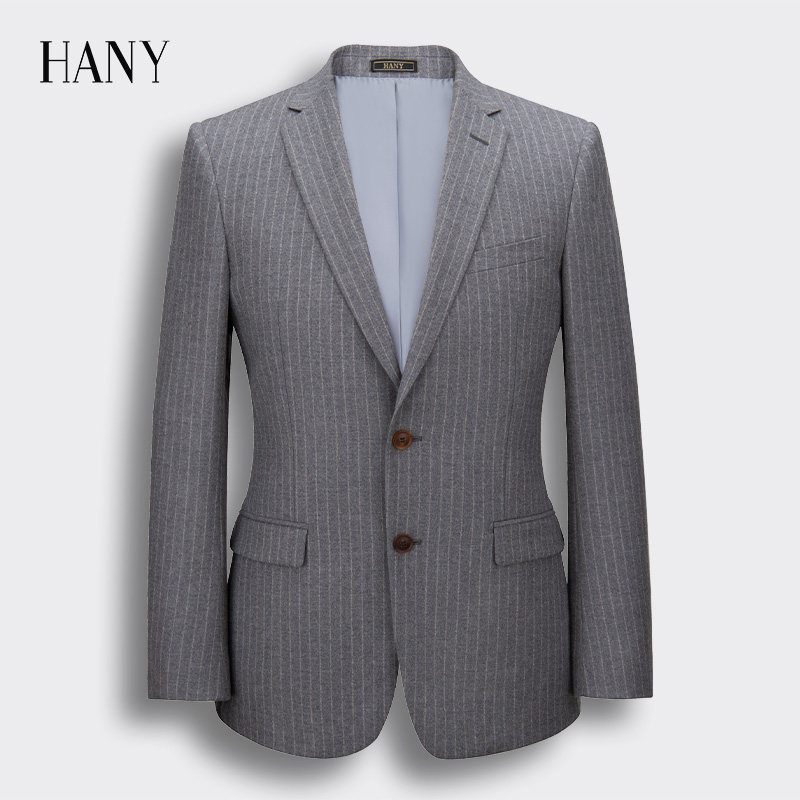 【断码清仓】HANY汉尼纯羊毛西服男灰色条纹商务正装西装上衣单西