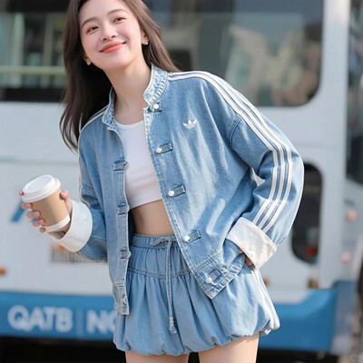 阿迪达斯三叶草女装牛仔外套2026秋季新款中式立领休闲上衣KY5743