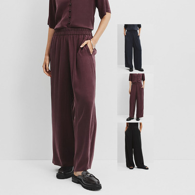 超柔铜氨丝 弹力腰宽松直筒阔腿高档垂感简约纯色休闲裤有大码