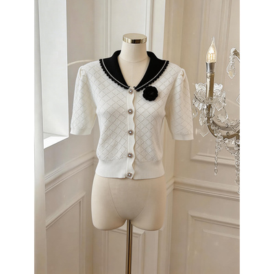 翻领新款针织慵懒小香风上衣夏季小衫娃娃领短袖甜美