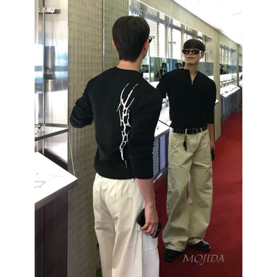 韩国东大门男装代购半开V领针织衫后背爪痕印花修身长袖男-TS6664