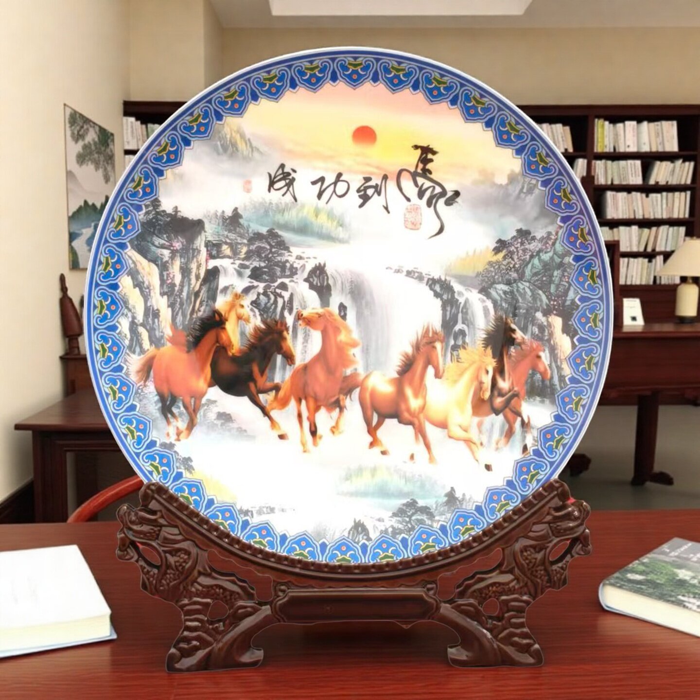 景德镇陶瓷器马到成功中式挂盘装饰盘子坐盘酒柜玄关客厅摆件新品