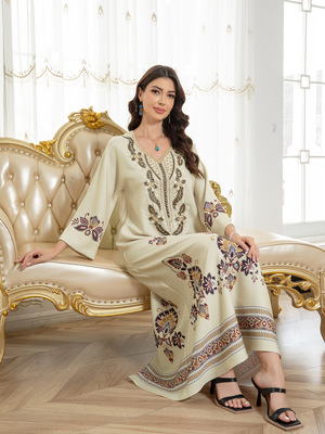 Nepalese long dress七分袖杏色H型直筒裙到脚踝的长款裙子连衣裙