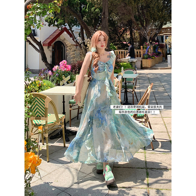 度假风A型雪纺扎染荷叶边连衣裙