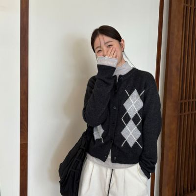 T.G-高级感复古通勤菱格撞针织开衫（含40浣熊绒）25872