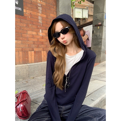 bm风连帽撞色长袖T恤修身