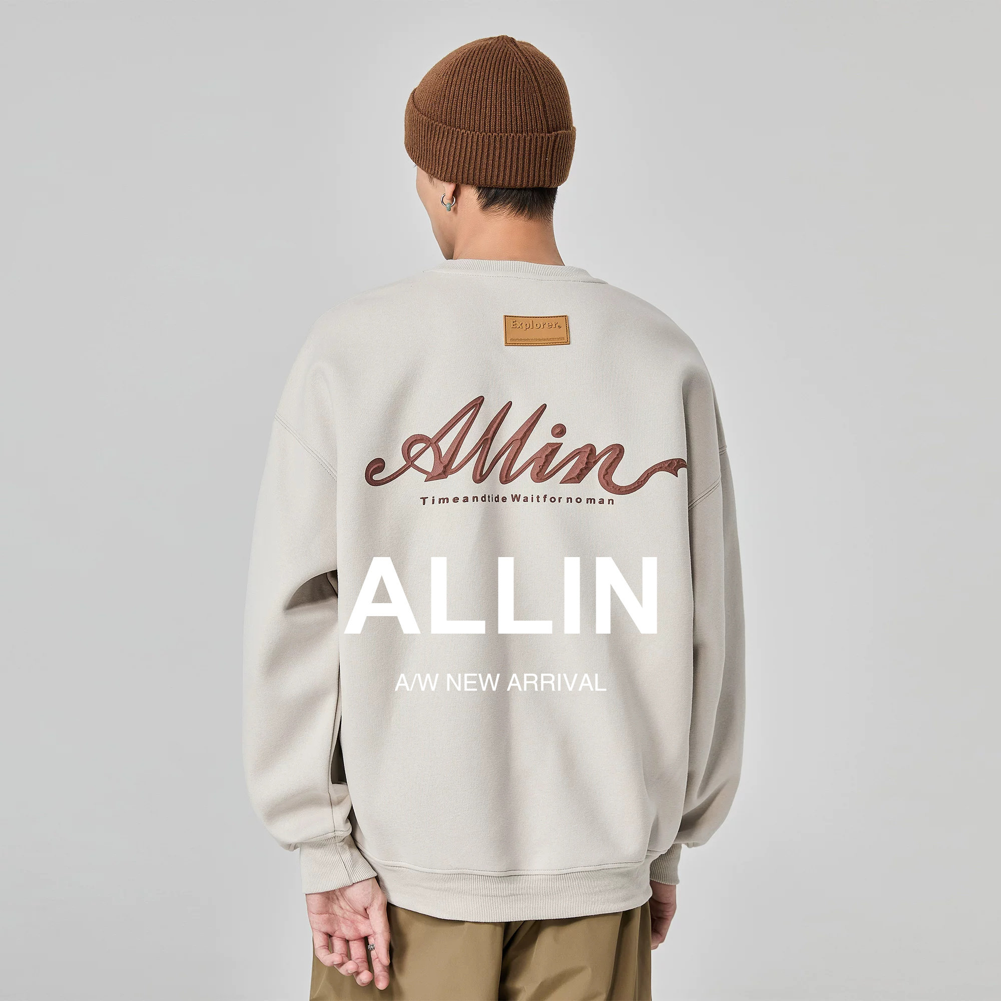 ALLIN 无帽圆领卫衣男春秋美式潮牌重磅字母印花情侣长袖打底上衣