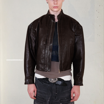 UNKNOWNWORLD 25FW 恶魔季银币扣植鞣马皮暗黑深棕骑警皮衣夹克