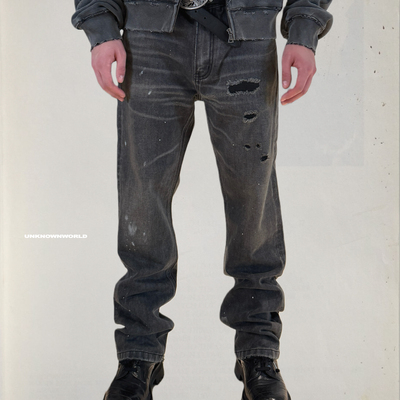 LOST ISLAND BY UNK 弹孔破坏水洗黑修身直筒牛仔裤