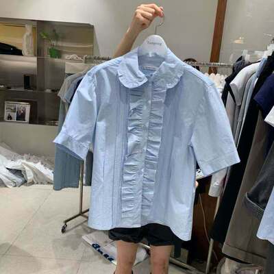 夏季甜美娃娃领褶皱短袖衬衫