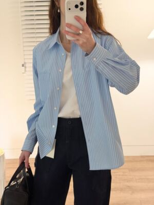 韩国东大门2026春新品COMETE 简约翻领竖条纹长袖衬衫