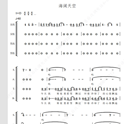海阔天空 深圳福田星辉合唱团 另售四声部合唱简谱钢琴伴奏正谱